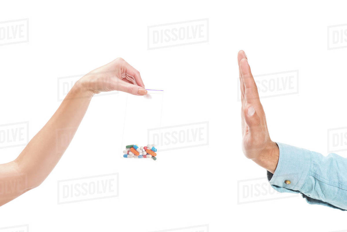 cropped image of man rejecting unhealthy mdma drugs isolated on white ...