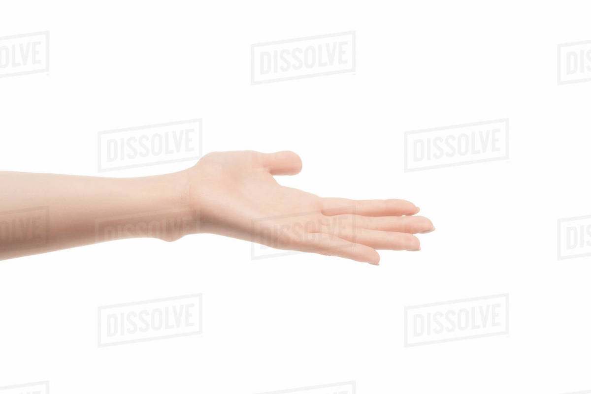Cropped view of woman with empty hand asking for something isolated on ...