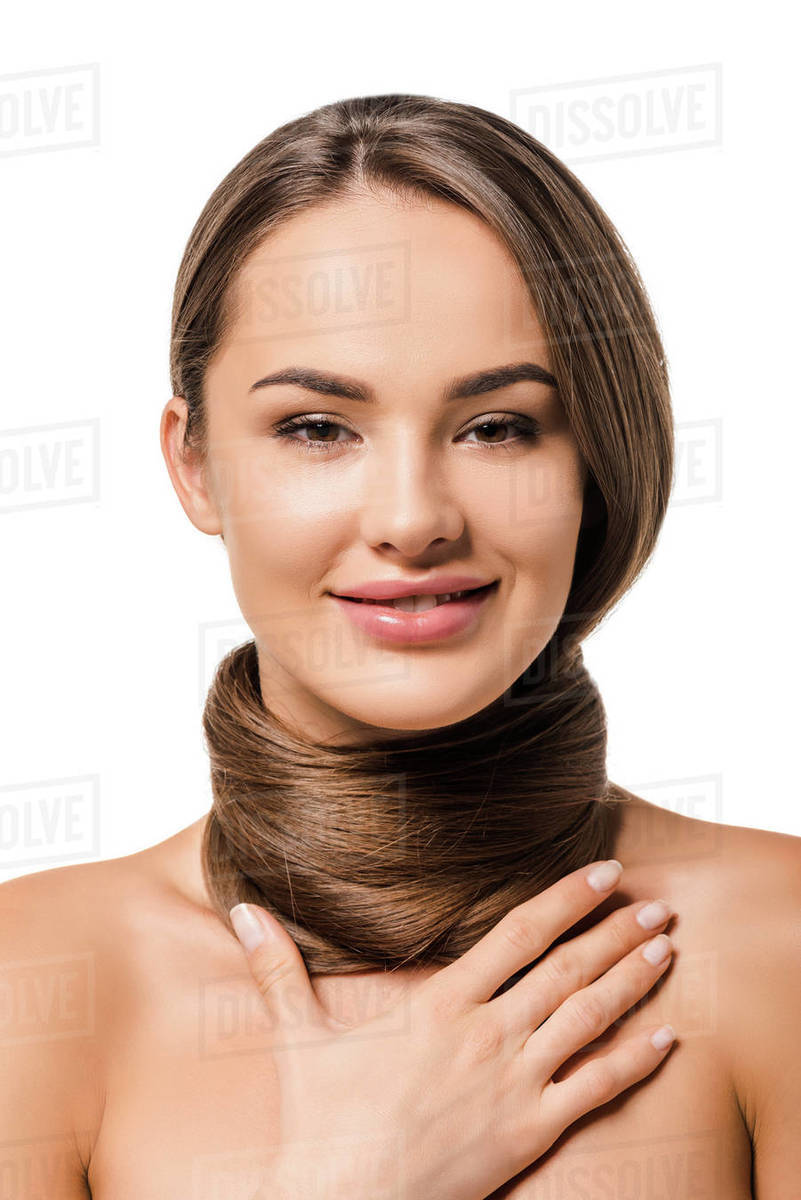 Attractive girl with long brown hair around neck looking at camera and ...