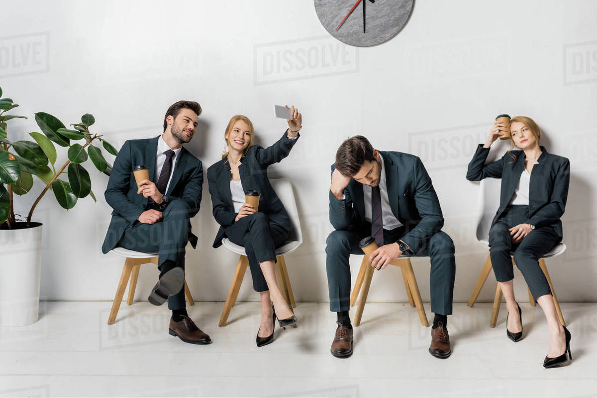 Collage of business people with various emotions and poses waiting on ...