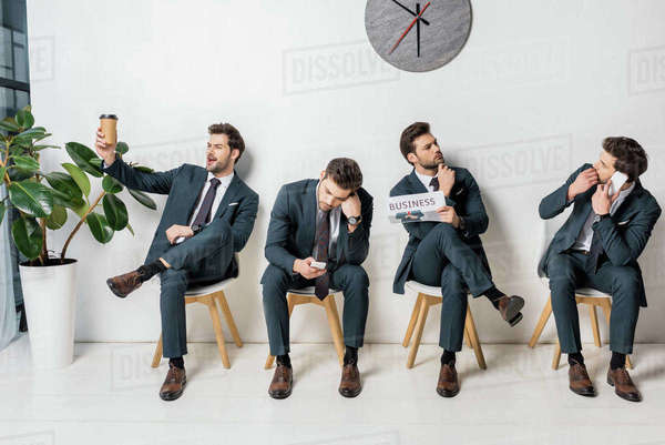 Collage of young businessman with various poses and emotions waiting in ...