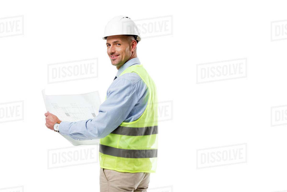 Engineer in helmet looking at camera and holding blueprint isolated on ...