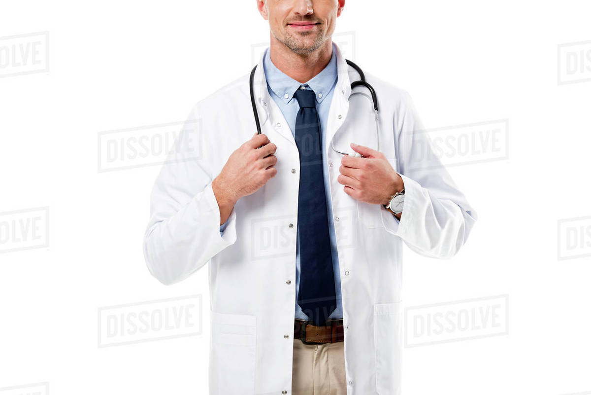 Cropped view of doctor in white coat with stethoscope isolated on white ...