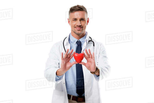 Doctor in white coat with stethoscope looking at camera and holding ...