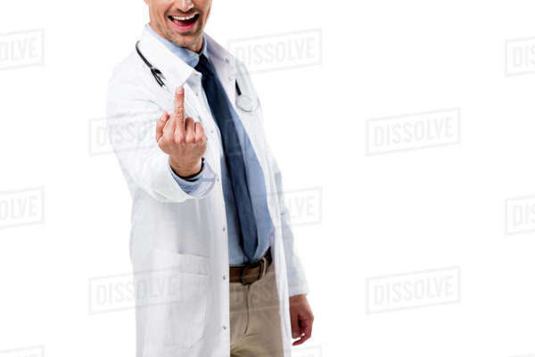 Cropped view of doctor showing middle finger isolated on white ...