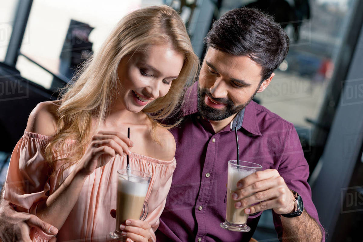 Romantic couple in love spending time together on coffee break in ...