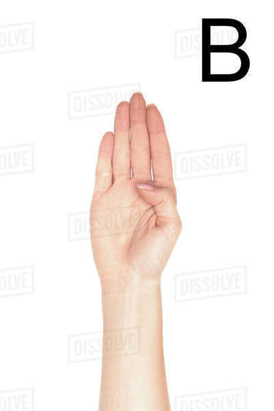 Cropped view of female hand showing latin letter - B, sign language ...