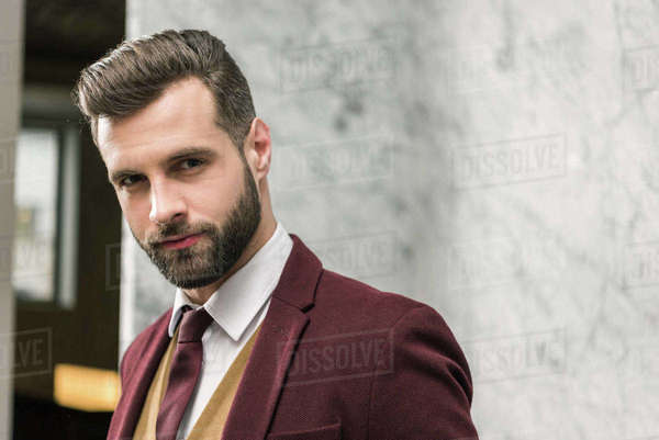 Portrait of confident businessman in formal wear looking at camera ...