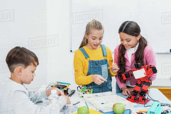 Schoolchildren programming robot together during stem educational class ...