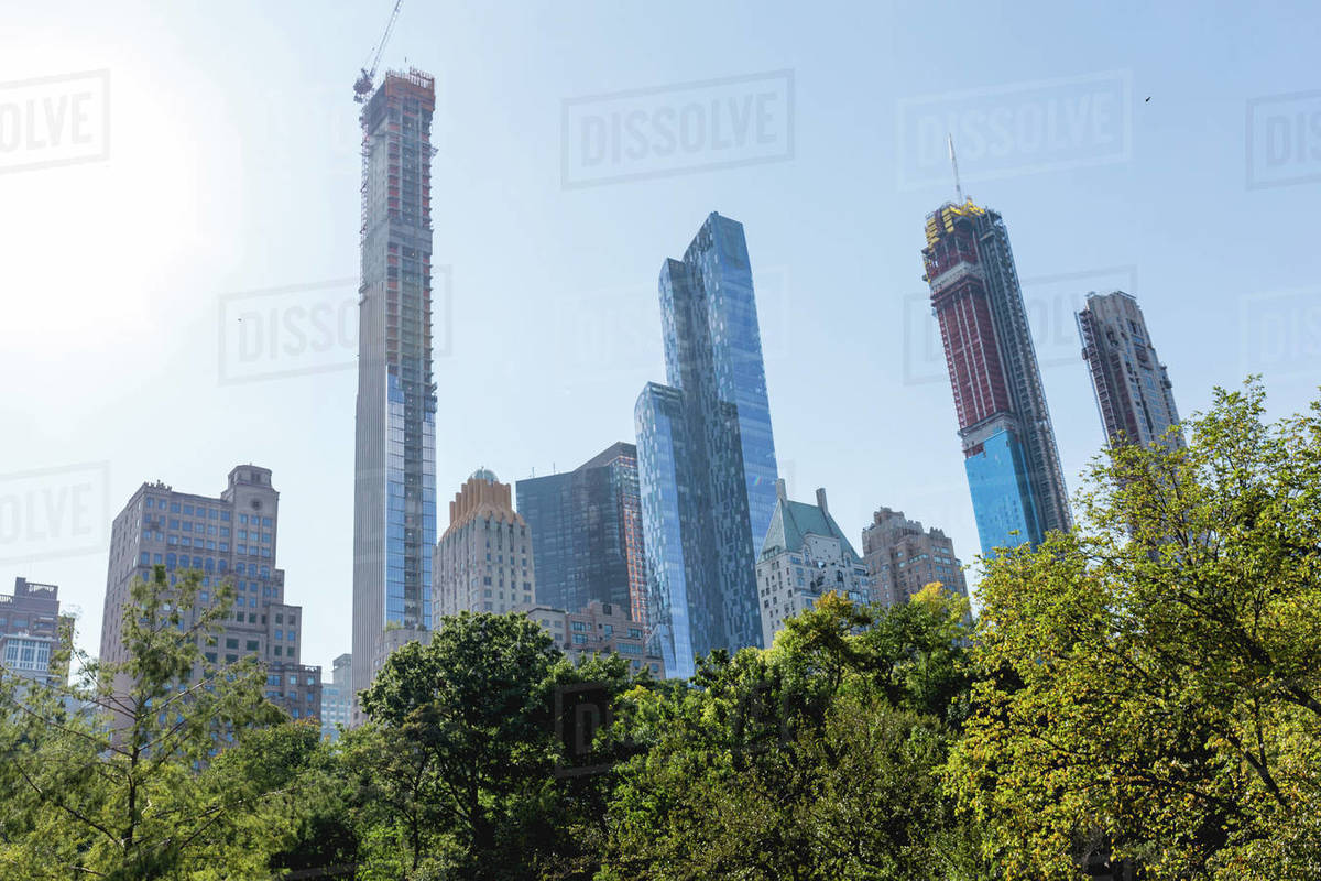 Urban scene with trees in city park and skyscrapers in new York, USA ...