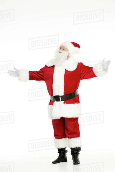 Full length view of Santa Claus posing and gesturing with outstretched ...
