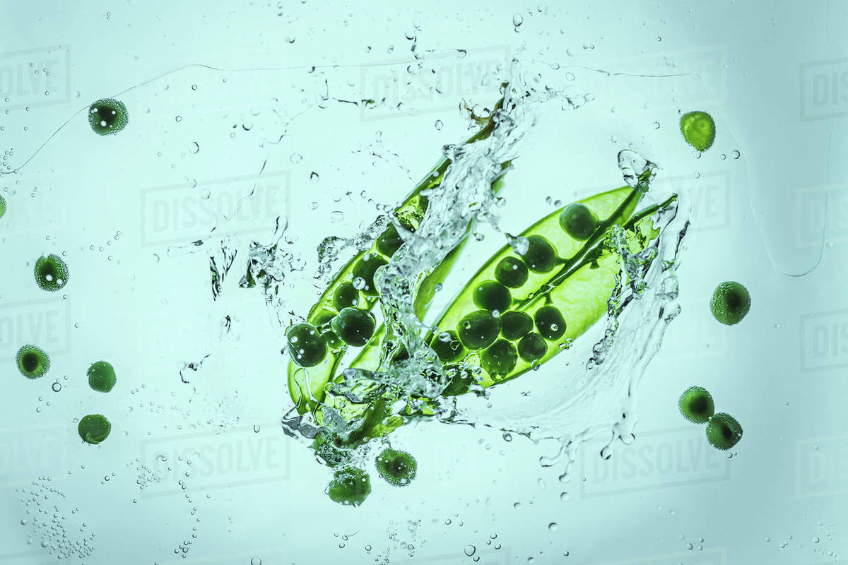 Fresh green peas floating in water with splash on blue - Royalty-free ...
