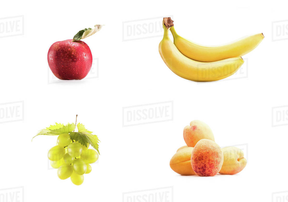 Collage with fresh apple, banana, grapes and apricots isolated on white ...