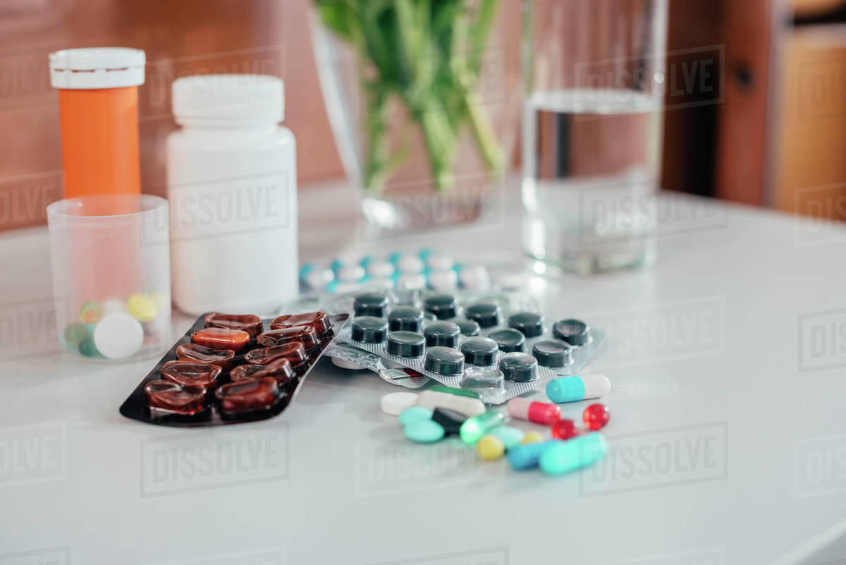 close-up view of various drugs on table in hospital room - Royalty-free ...