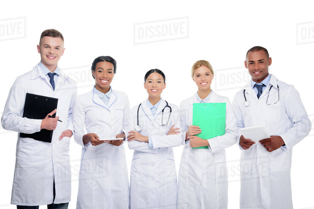 Multiethnic female and male doctors with stethoscopes, clipboard and ...