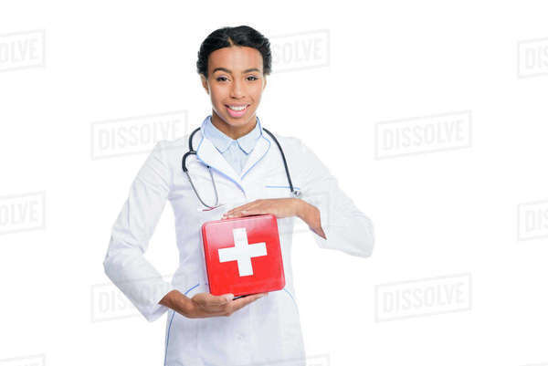 African american doctor presenting red first aid kit, isolated on white ...