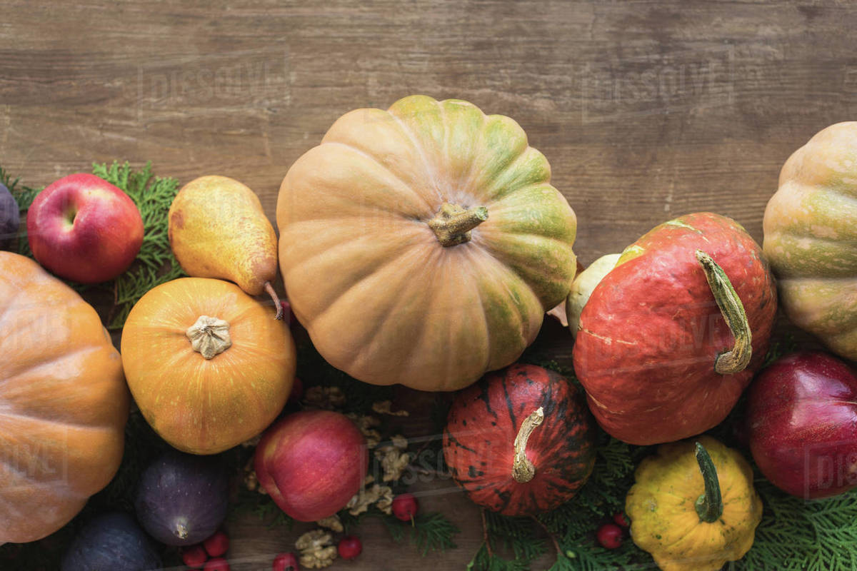 Top view of composition with various autumnal vegetables and fruits on ...