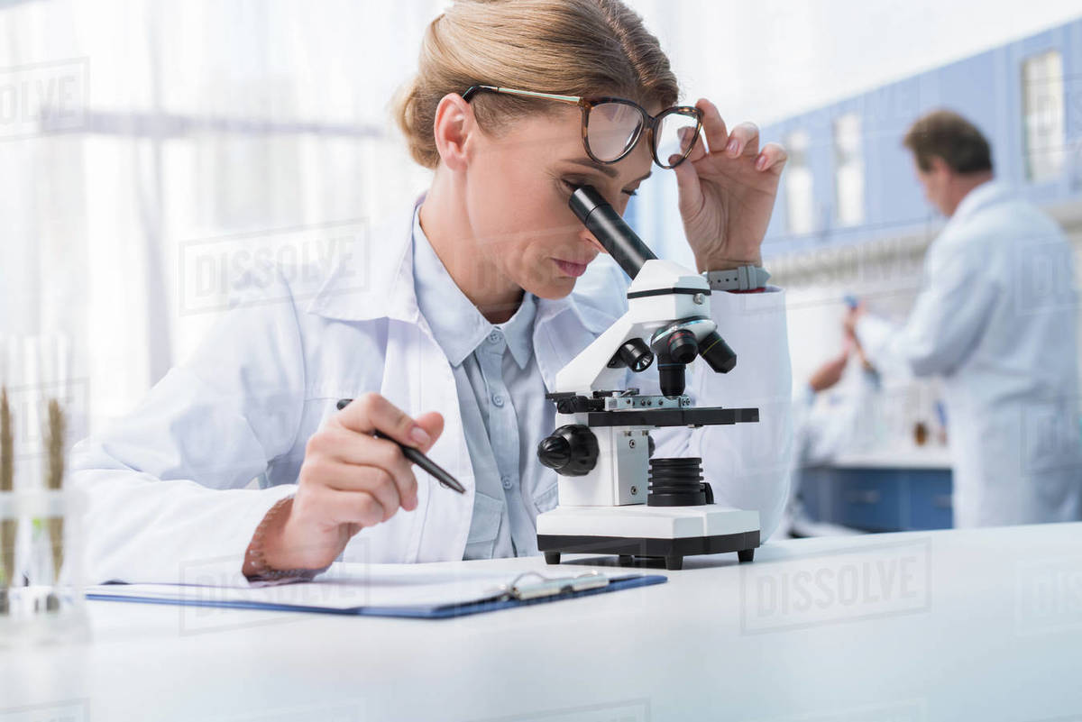 Professional lab technician doing microscope sample analysis and taking ...