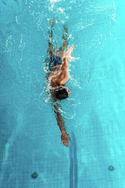 Top view of young professional swimmer in competition swimming pool ...