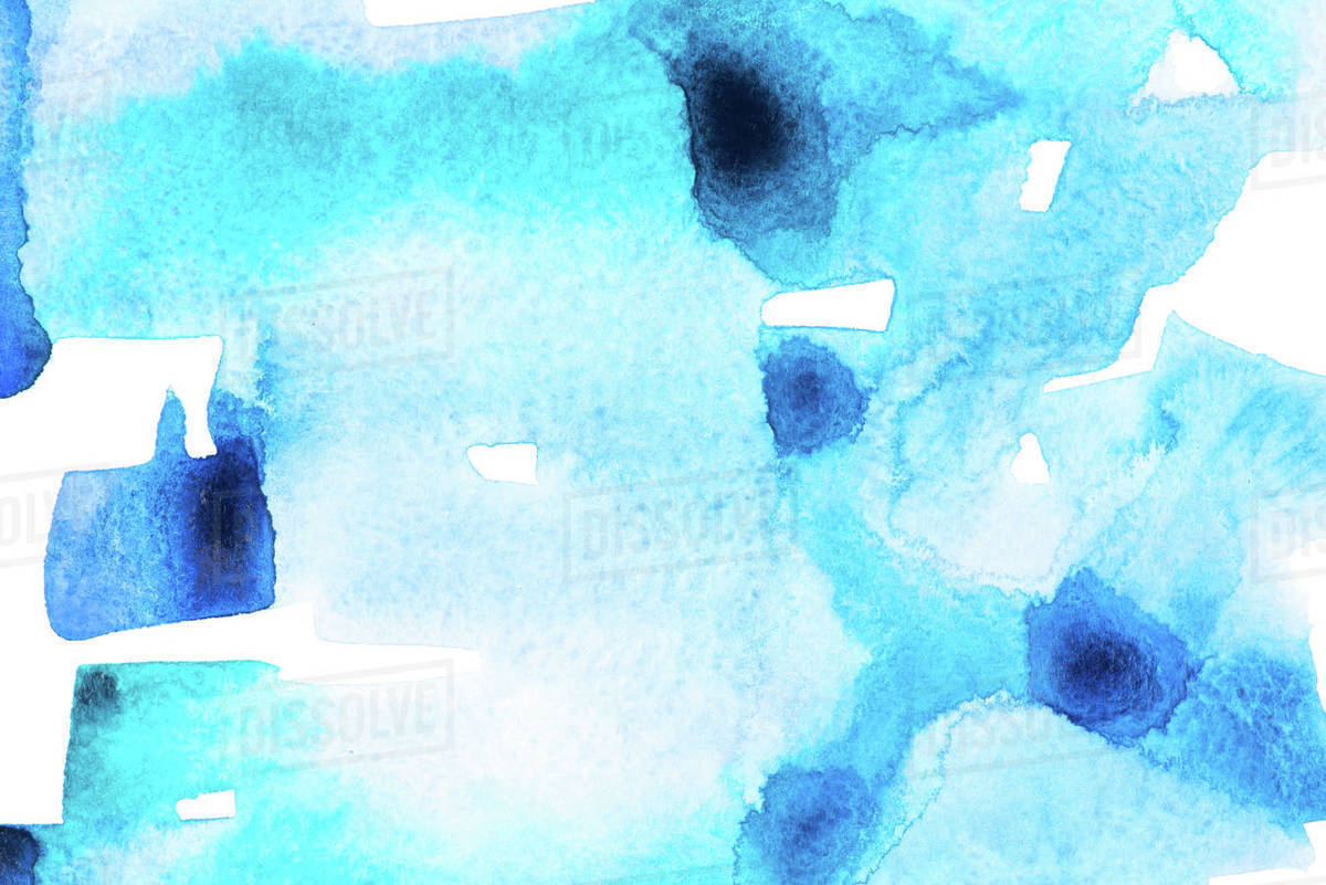 Abstract painting with dark and light blue paint blots on white ...