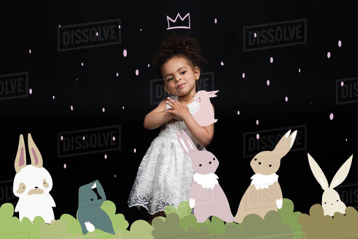 Preschooler kid princess standing in white dress with funny colorful ...