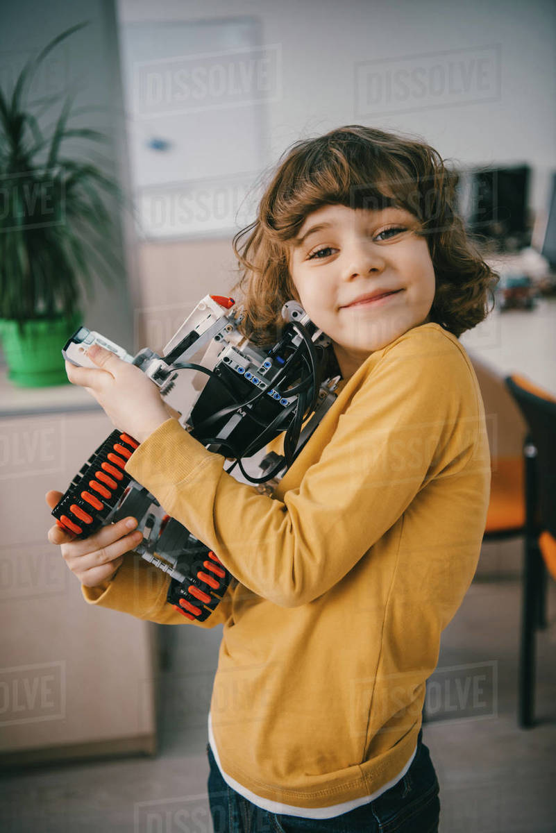happy little kid embracing with diy robot - Royalty-free Stock Photo ...