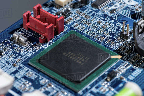 selective focus of computer motherboard chip and other details ...