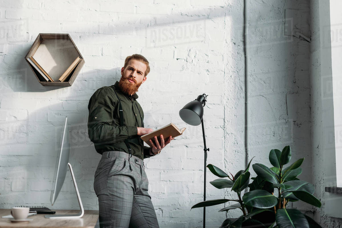 Businessman leaning on wall with book - Stock Photo - Dissolve