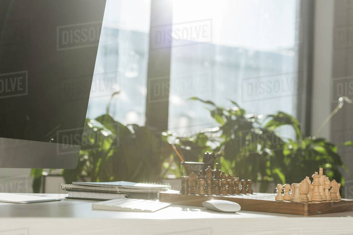 close-up shot of chess board at workplace in modern office - Royalty ...