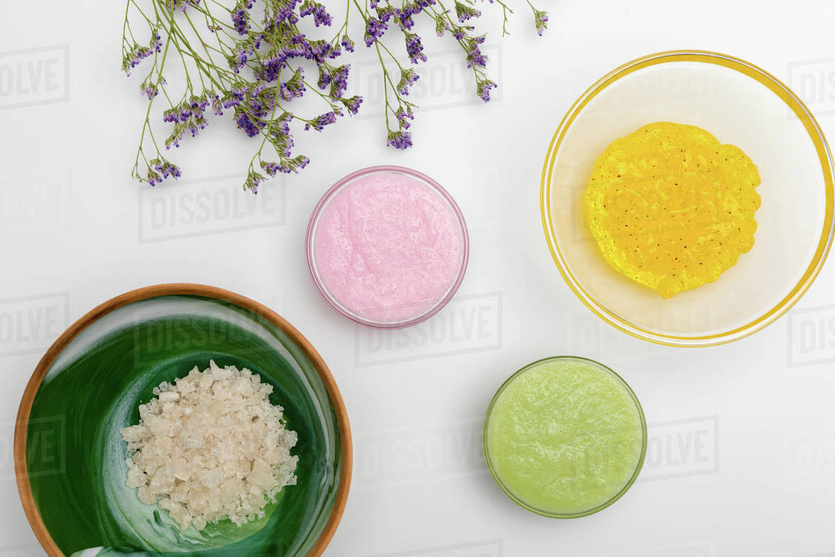 Close-up view of ingredients for homemade cosmetics isolated on white ...
