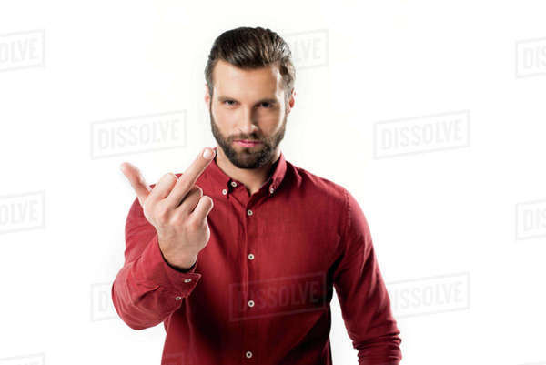 Portrait of serious man showing middle finger to camera isolated on ...