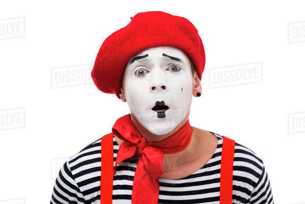Shocked mime with red bow isolated on white - Stock Photo - Dissolve