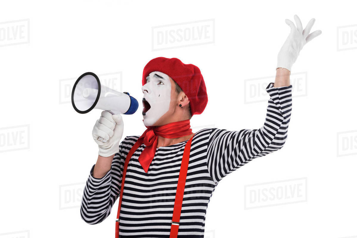 Mime speaking in megaphone and gesturing isolated on white - Royalty ...