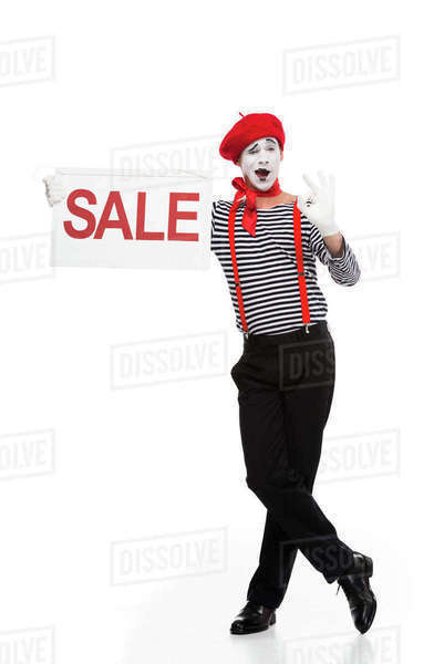 Mime holding sale signboard and showing ok sign isolated on white ...