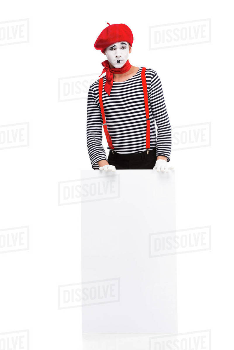 Mime standing with empty board isolated on white - Stock Photo - Dissolve