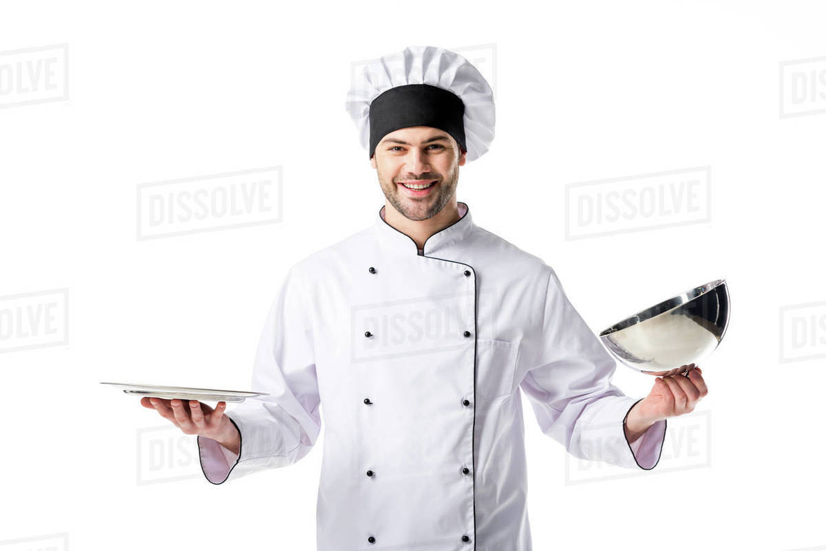 Portrait of smiling chef with empty serving tray isolated on white ...