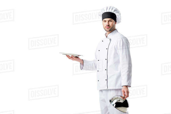 Portrait of chef with empty serving tray isolated on white - Royalty ...