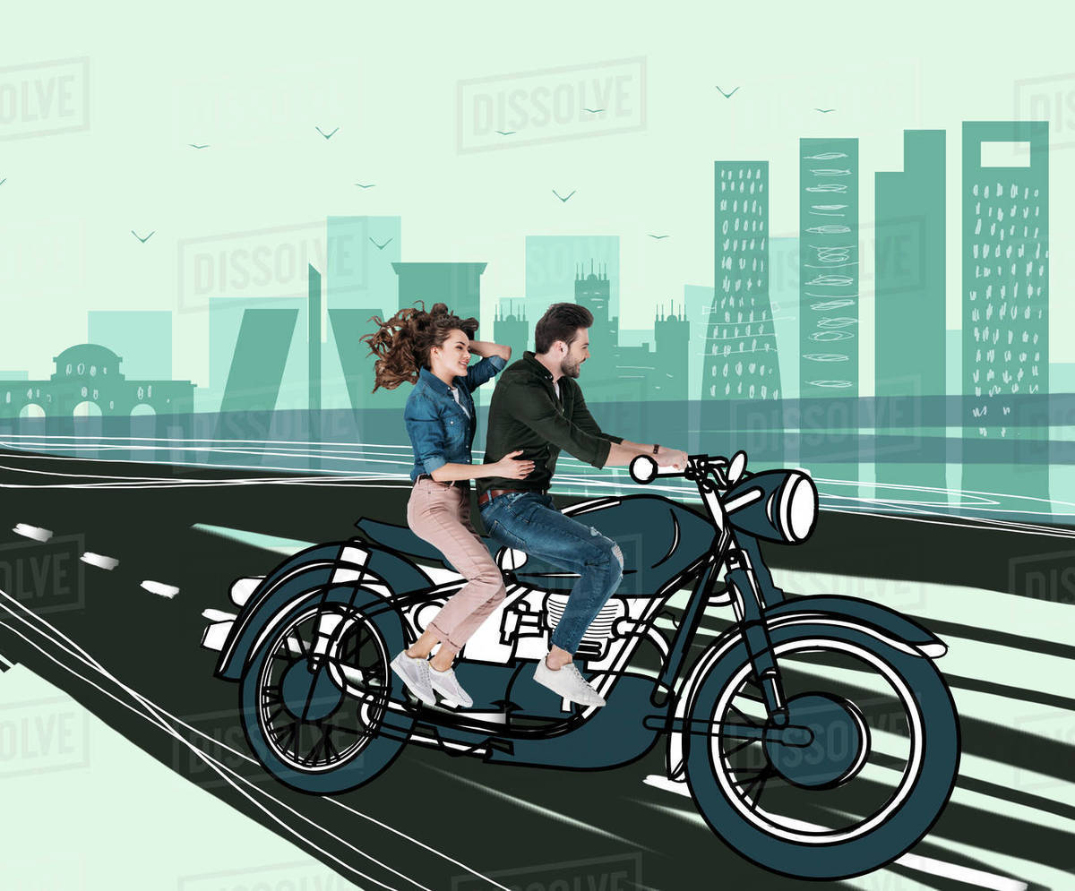 Creative hand drawn collage with couple riding motorcycle together ...