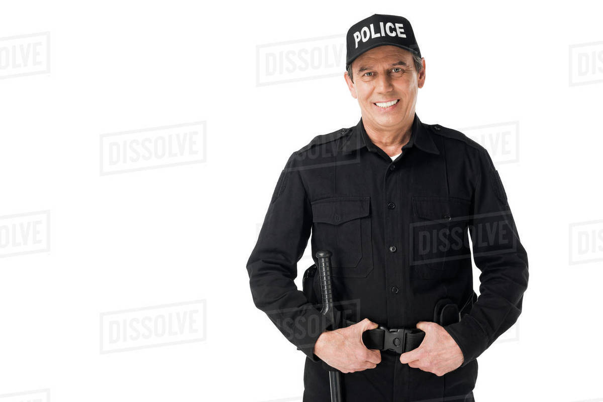 Smiling policeman in uniform and cap isolated on white - Royalty-free ...