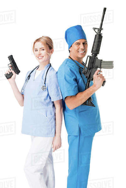 Smiling male doctor and nurse with guns isolated on white - Royalty ...