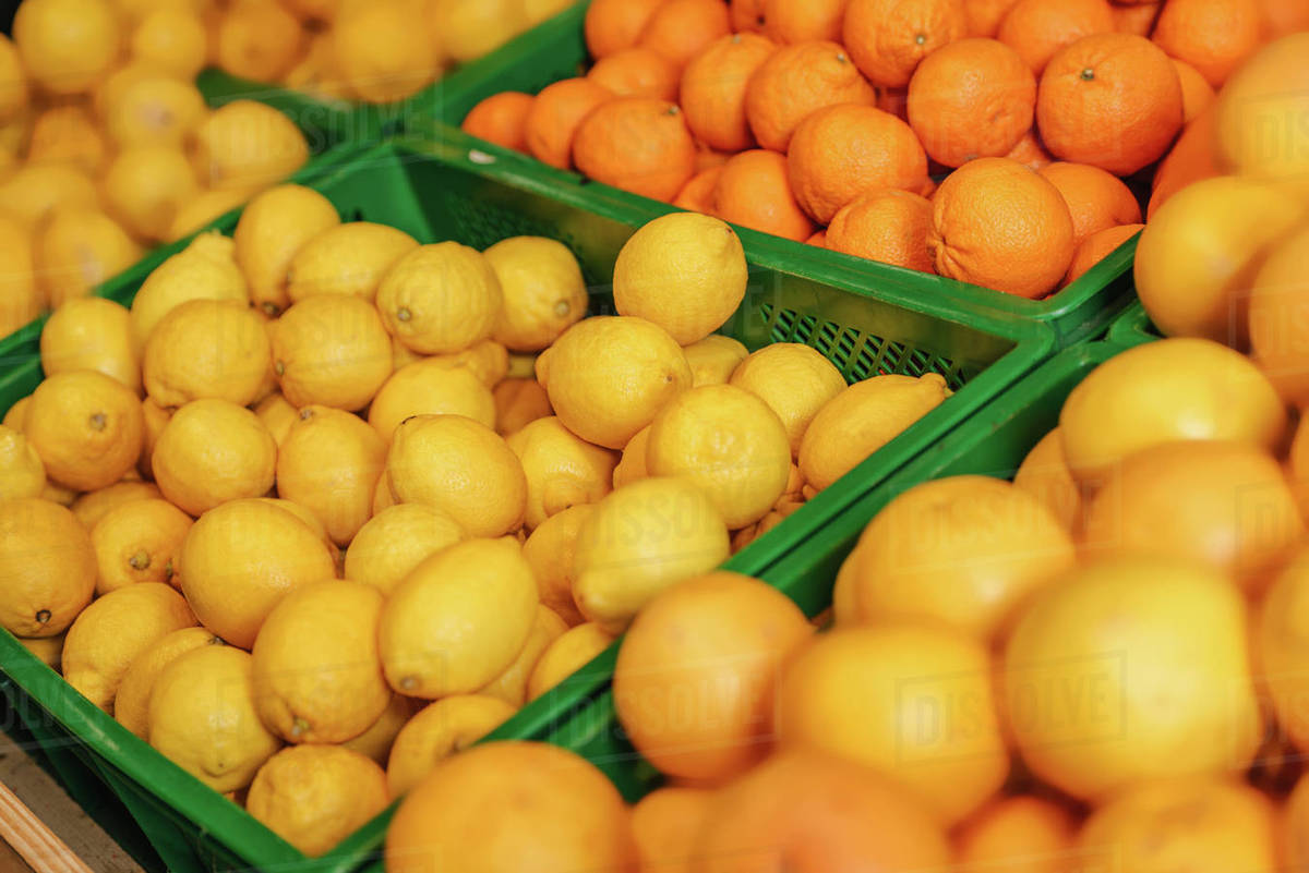 Close up view of arranged citrus fruits in grocery shop - Royalty-free ...
