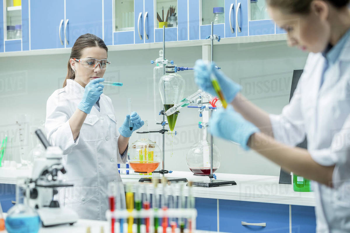 Two young female scientists working in chemical laboratory - Royalty ...