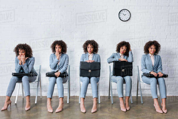 Collage with woman with briefcase waiting for interview with different ...