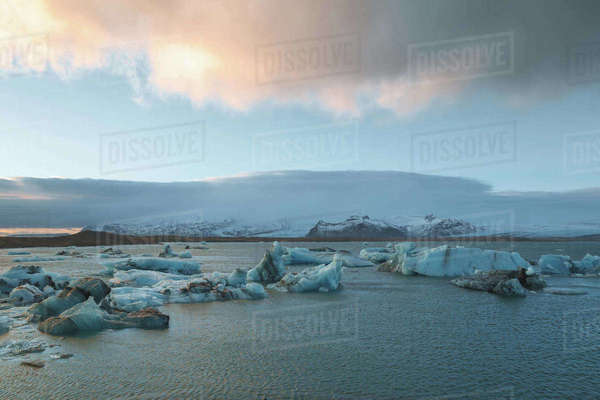 Majestic Icelandic landscape with melting icebergs in cold water ...