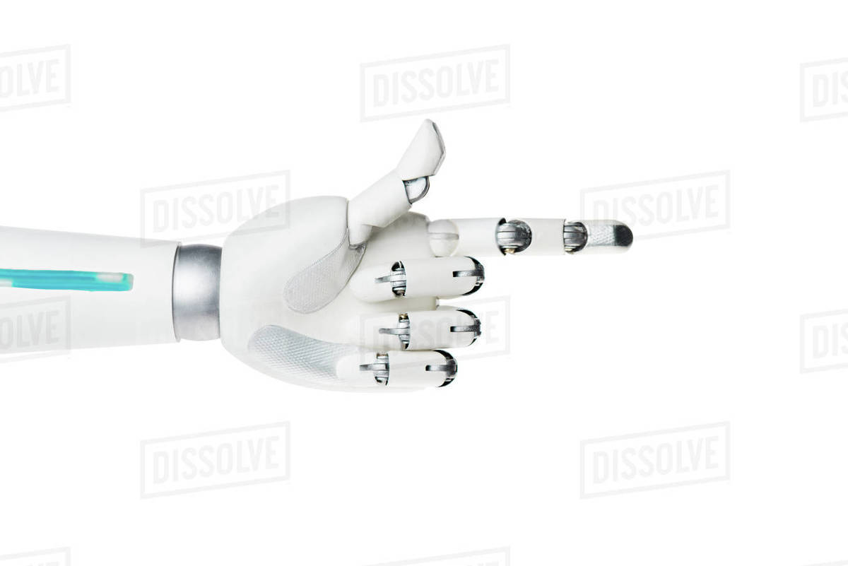 Robot hand pointing on something isolated on white - Stock Photo - Dissolve