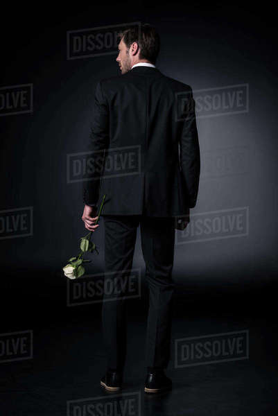 back view of man in formal wear holding white rose isolated on black ...