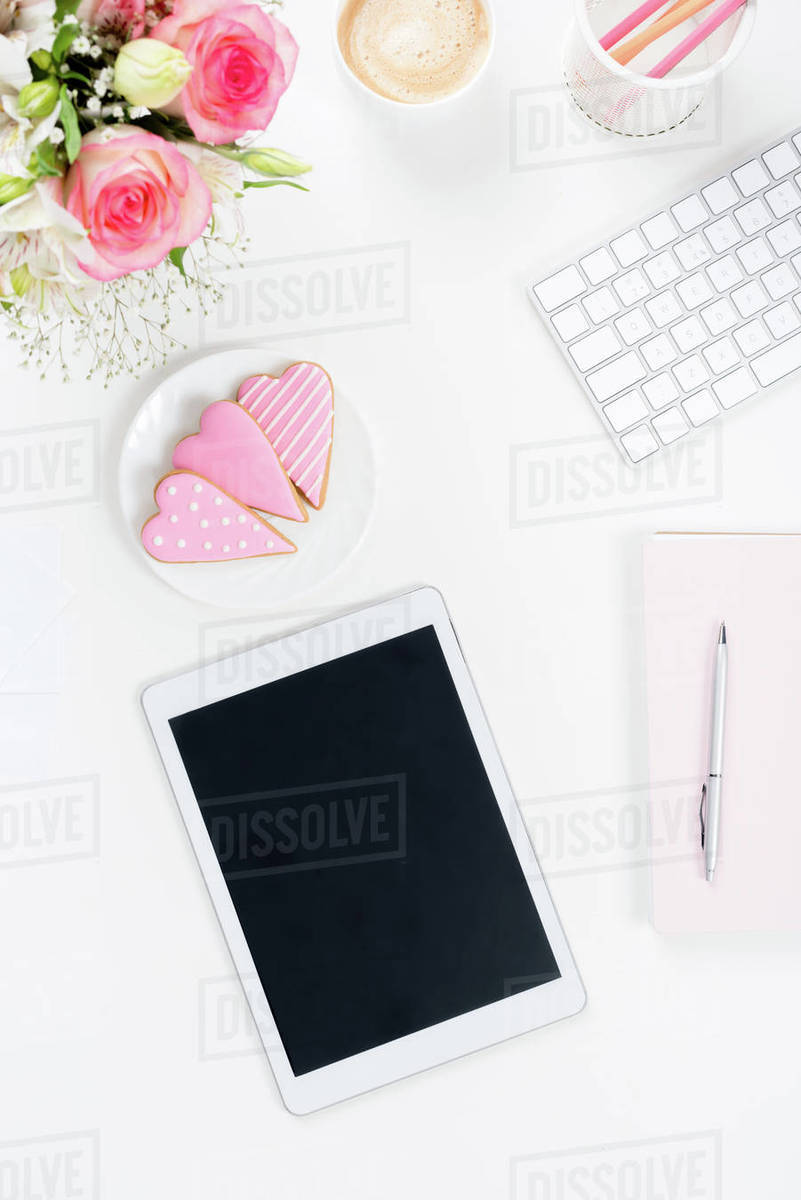 Top view of digital tablet with blank screen lying at workplace - Stock ...