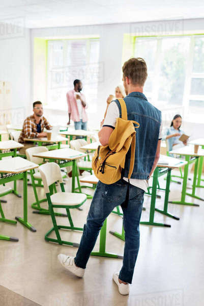 Rear view of young student in classroom of college with blurred ...