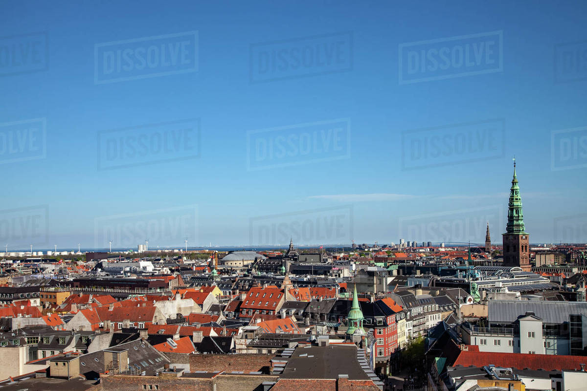 Aerial view of beautiful cityscape with historical tower in copenhagen ...