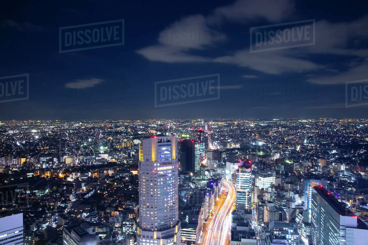 A night neon town high angle wide shot. Shibuya district Shibuya Tokyo ...